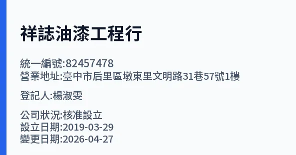 祥誌油漆工程行的照片-統編 82457478(臺中市) 公司登記資料與營業項目詳細圖表