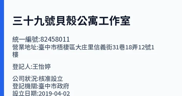 三十九號貝殼公寓工作室的照片-統編 82458011(臺中市) 公司登記資料與營業項目詳細圖表