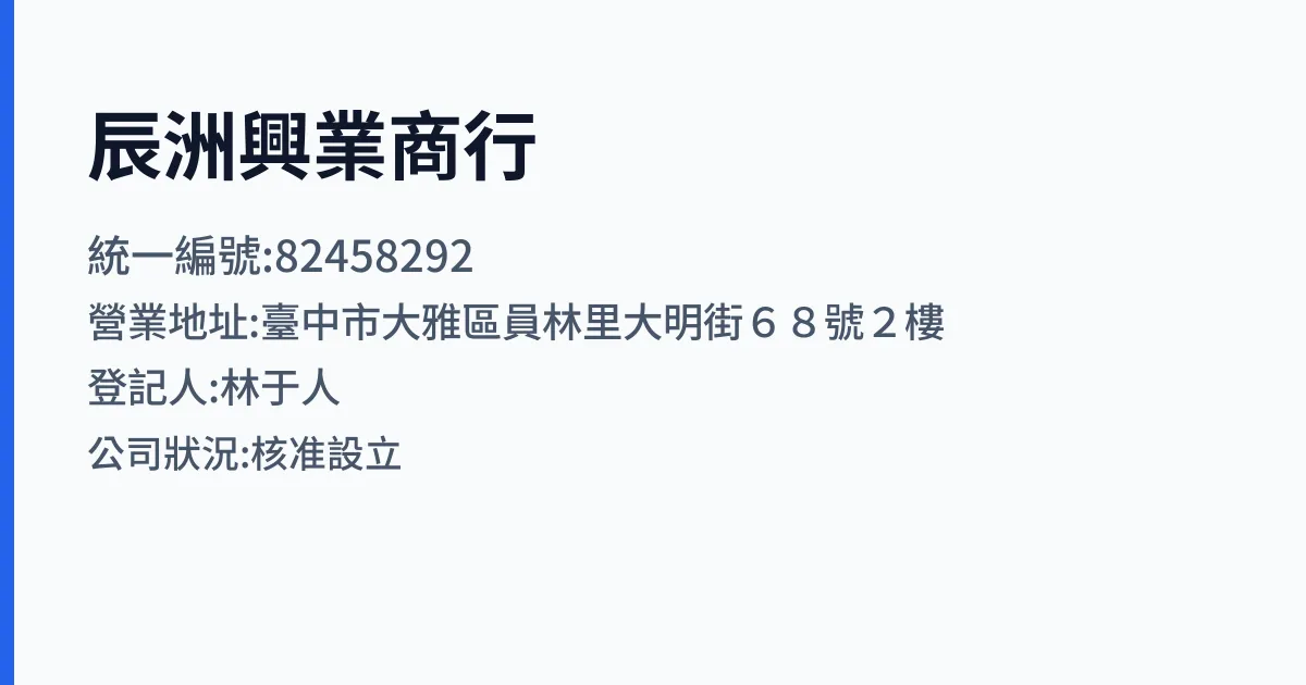 辰洲興業商行 - 統編 82458292(臺中市) 公司登記資料與營業項目詳細圖表