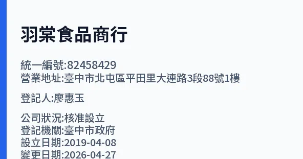 羽棠食品商行的照片-統編 82458429(臺中市) 公司登記資料與營業項目詳細圖表