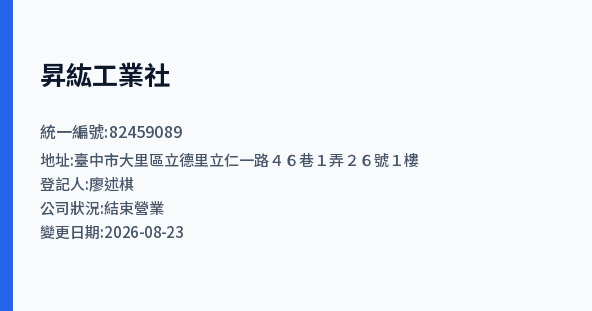 昇紘工業社的照片-統編 82459089(臺中市) 公司登記資料與營業項目詳細圖表