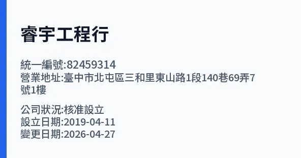 睿宇工程行的照片-統編 82459314(臺中市) 公司登記資料與營業項目詳細圖表