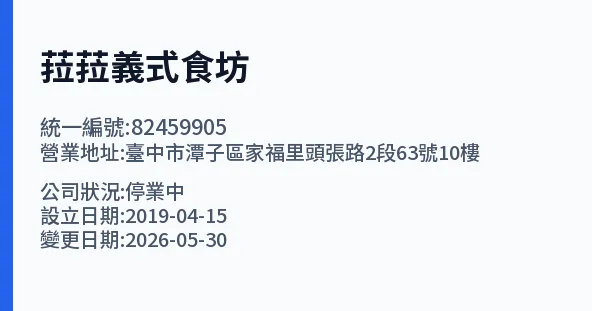菈菈義式食坊的照片-統編 82459905(臺中市) 公司登記資料與營業項目詳細圖表