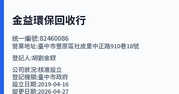 金益環保回收行的照片-統編 82460086(臺中市) 公司登記資料與營業項目詳細圖表