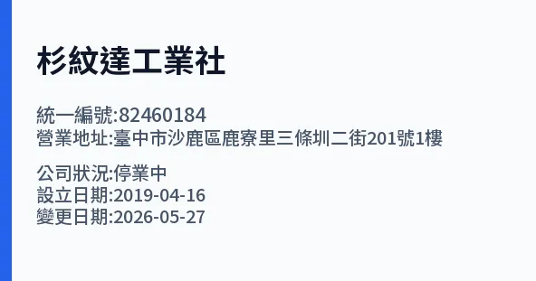 杉紋達工業社的照片-統編 82460184(臺中市) 公司登記資料與營業項目詳細圖表