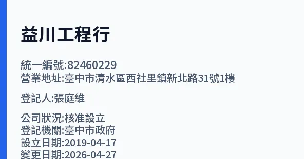 益川工程行的照片-統編 82460229(臺中市) 公司登記資料與營業項目詳細圖表