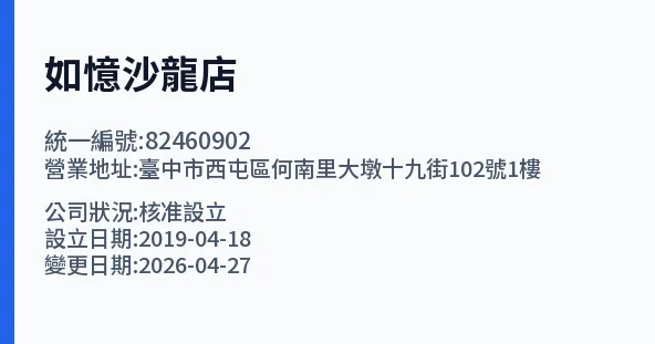 如憶沙龍店的照片-統編 82460902(臺中市) 公司登記資料與營業項目詳細圖表