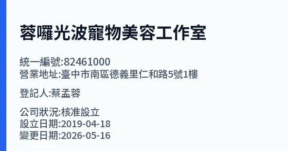 蓉囉光波寵物美容工作室的照片-統編 82461000(臺中市) 公司登記資料與營業項目詳細圖表