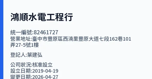 鴻順水電工程行的照片-統編 82461727(臺中市) 公司登記資料與營業項目詳細圖表