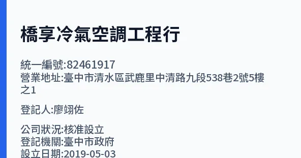 橋享冷氣空調工程行的照片-統編 82461917(臺中市) 公司登記資料與營業項目詳細圖表
