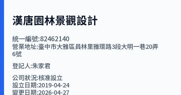 漢唐園林景觀設計的照片-統編 82462140(臺中市) 公司登記資料與營業項目詳細圖表