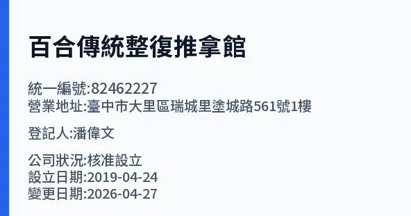 百合傳統整復推拿館的照片-統編 82462227(臺中市) 公司登記資料與營業項目詳細圖表
