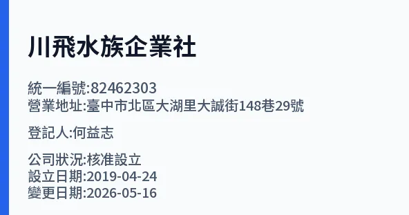 川飛水族企業社的照片-統編 82462303(臺中市) 公司登記資料與營業項目詳細圖表