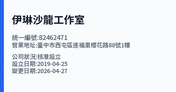 伊琳沙龍工作室的照片-統編 82462471(臺中市) 公司登記資料與營業項目詳細圖表