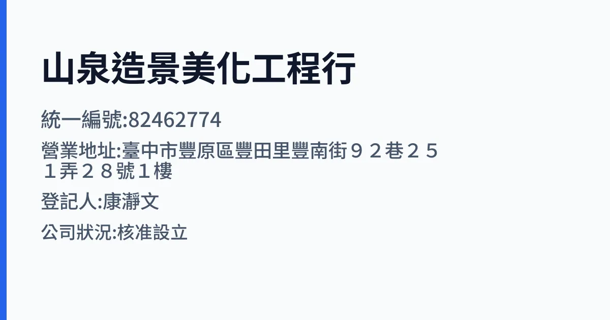 山泉造景美化工程行 - 統編 82462774(臺中市) 公司登記資料與營業項目詳細圖表