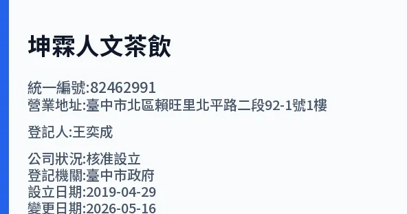 坤霖人文茶飲的照片-統編 82462991(臺中市) 公司登記資料與營業項目詳細圖表