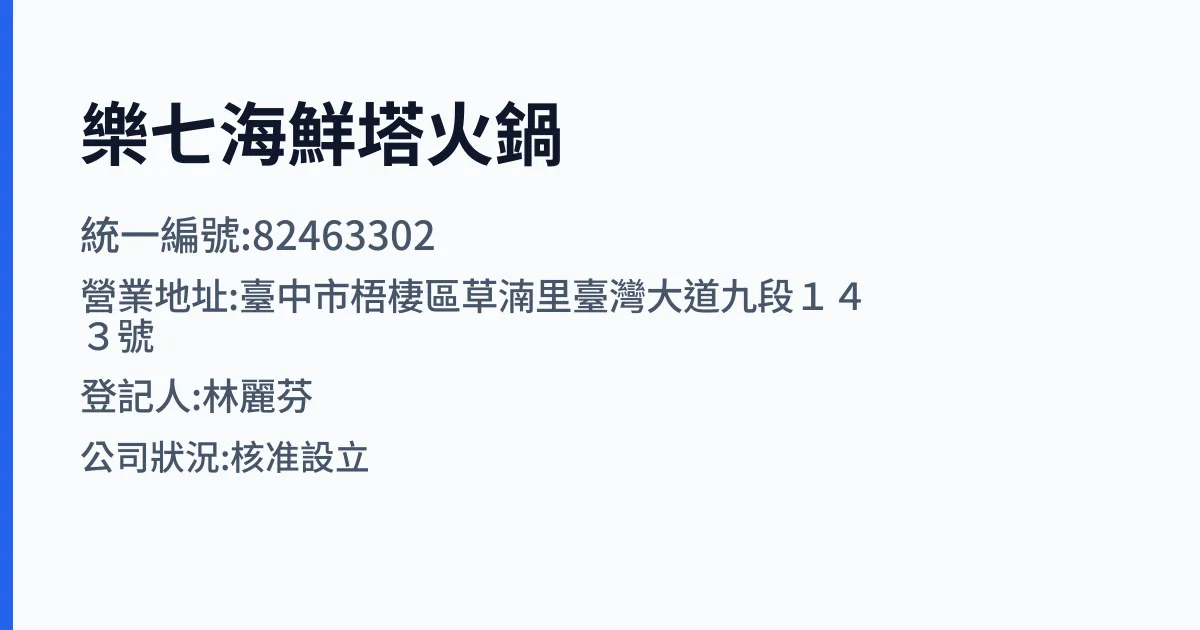 樂七海鮮塔火鍋 - 統編 82463302(臺中市) 公司登記資料與營業項目詳細圖表