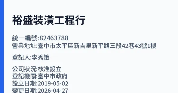 裕盛裝潢工程行的照片-統編 82463788(臺中市) 公司登記資料與營業項目詳細圖表