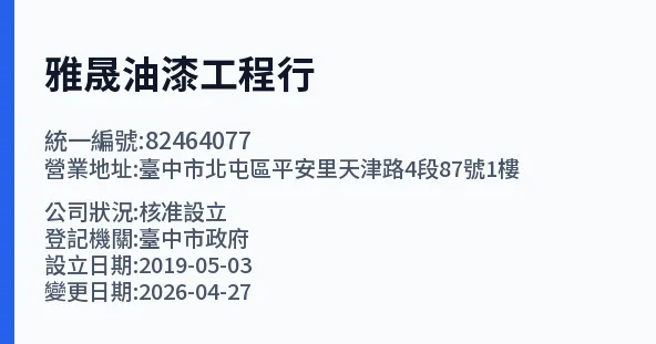 雅晟油漆工程行的照片-統編 82464077(臺中市) 公司登記資料與營業項目詳細圖表