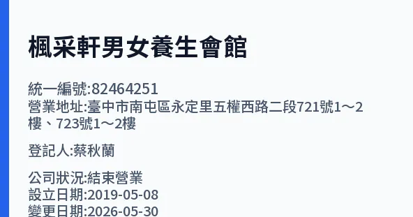 楓采軒男女養生會館的照片-統編 82464251(臺中市) 公司登記資料與營業項目詳細圖表
