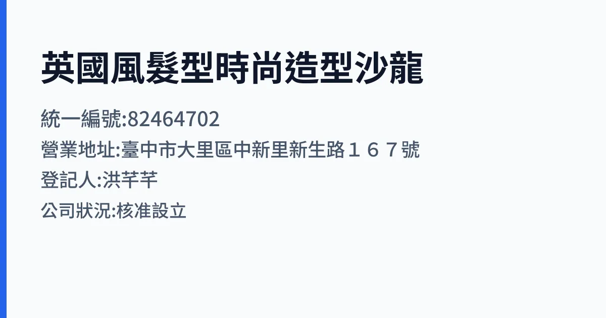 英國風髮型時尚造型沙龍 - 統編 82464702(臺中市) 公司登記資料與營業項目詳細圖表