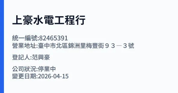 上豪水電工程行的照片-統編 82465391(臺中市) 公司登記資料與營業項目詳細圖表