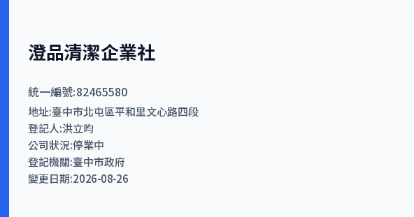 澄品清潔企業社的照片-統編 82465580(臺中市) 公司登記資料與營業項目詳細圖表
