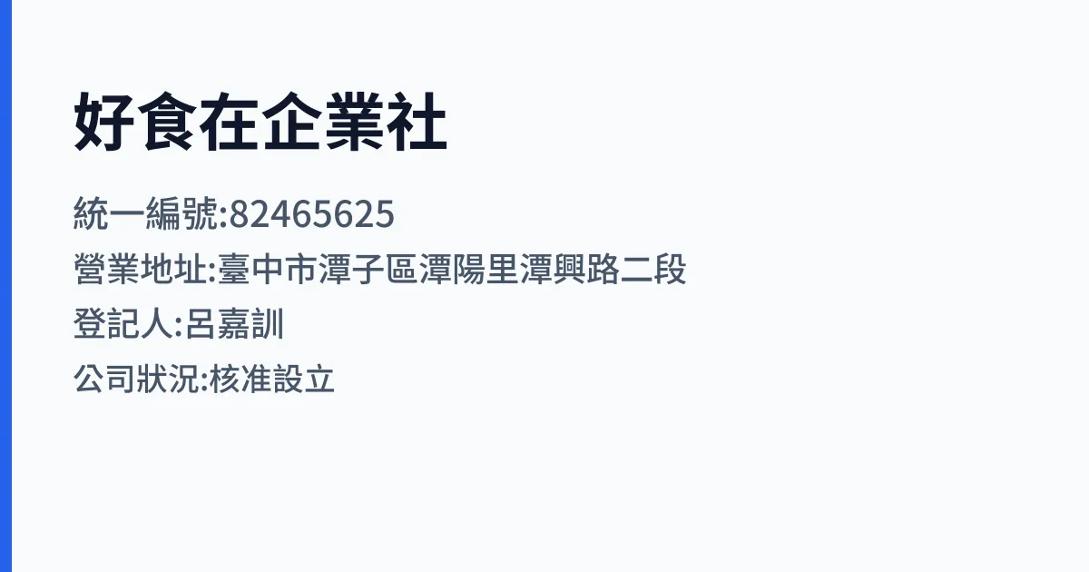 好食在企業社 - 統編 82465625(臺中市) 公司登記資料與營業項目詳細圖表