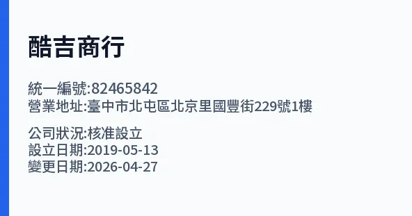 酷吉商行的照片-統編 82465842(臺中市) 公司登記資料與營業項目詳細圖表