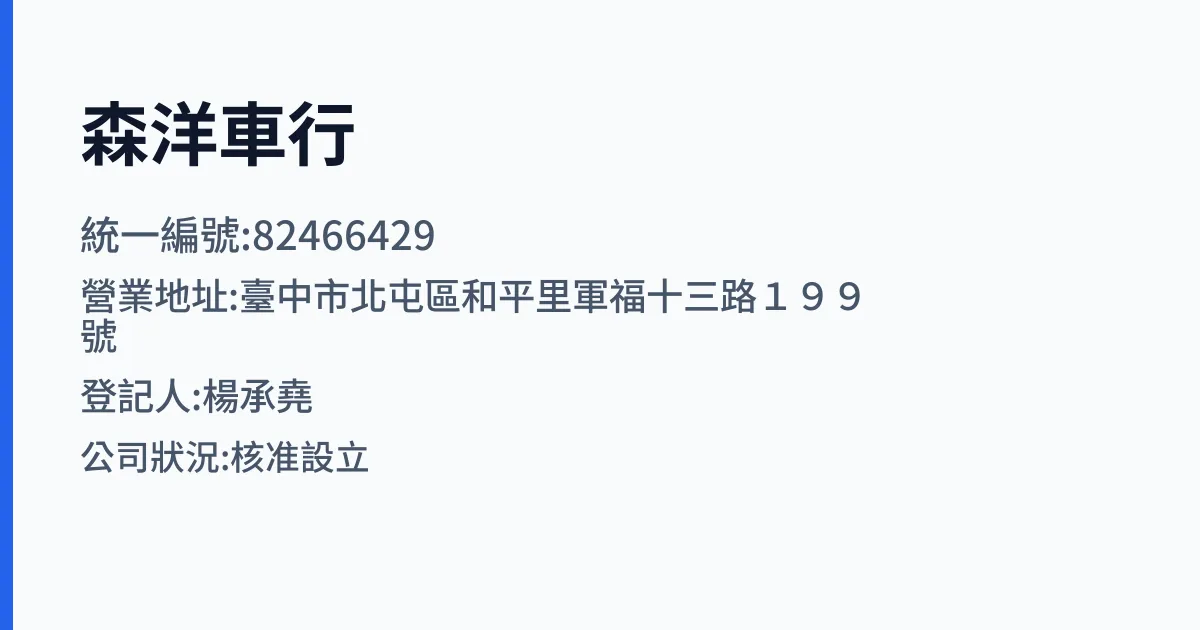 森洋車行 - 統編 82466429（臺中市） 公司登記資料與營業項目詳細圖表