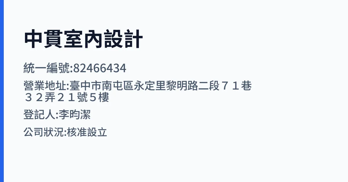 中貫室內設計 - 統編 82466434(臺中市) 公司登記資料與營業項目詳細圖表