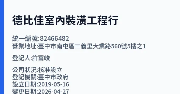 德比佳室內裝潢工程行的照片-統編 82466482(臺中市) 公司登記資料與營業項目詳細圖表