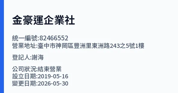 金豪運企業社的照片-統編 82466552(臺中市) 公司登記資料與營業項目詳細圖表