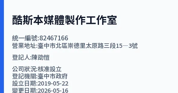 酷斯本媒體製作工作室的照片-統編 82467166(臺中市) 公司登記資料與營業項目詳細圖表