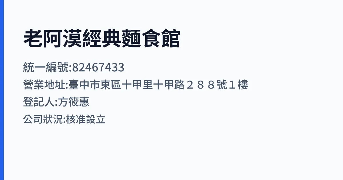 老阿漠經典麵食館 - 統編 82467433(臺中市) 公司登記資料與營業項目詳細圖表