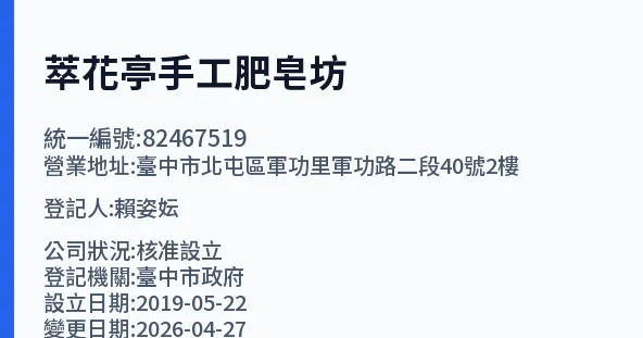 萃花亭手工肥皂坊的照片-統編 82467519(臺中市) 公司登記資料與營業項目詳細圖表