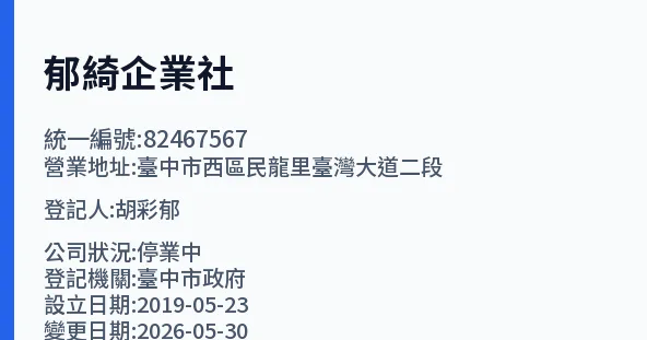 郁綺企業社的照片-統編 82467567(臺中市) 公司登記資料與營業項目詳細圖表