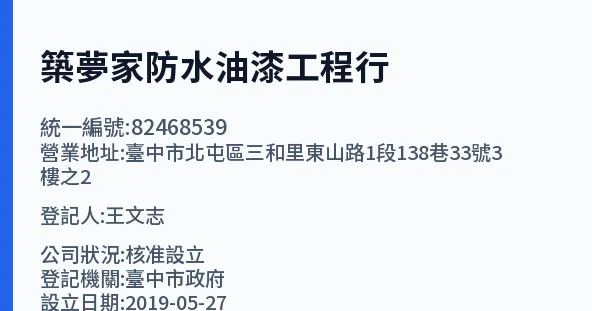 築夢家防水油漆工程行的照片-統編 82468539(臺中市) 公司登記資料與營業項目詳細圖表