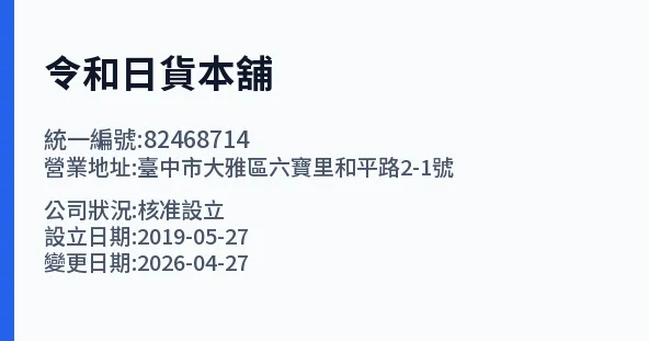 令和日貨本舖的照片-統編 82468714(臺中市) 公司登記資料與營業項目詳細圖表