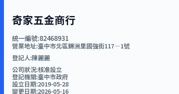 奇家五金商行的照片-統編 82468931(臺中市) 公司登記資料與營業項目詳細圖表