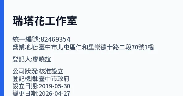 瑞塔花工作室的照片-統編 82469354(臺中市) 公司登記資料與營業項目詳細圖表