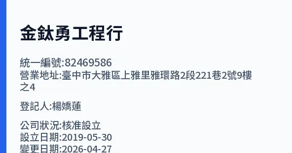金鈦勇工程行的照片-統編 82469586(臺中市) 公司登記資料與營業項目詳細圖表