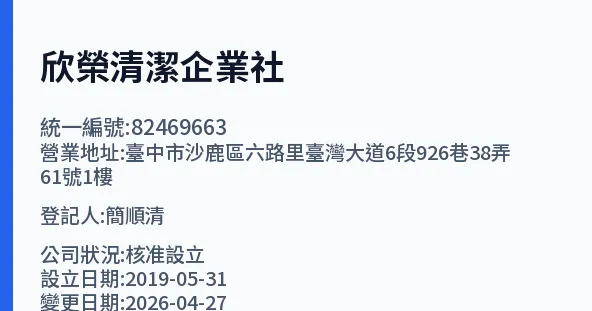 欣榮清潔企業社的照片-統編 82469663(臺中市) 公司登記資料與營業項目詳細圖表