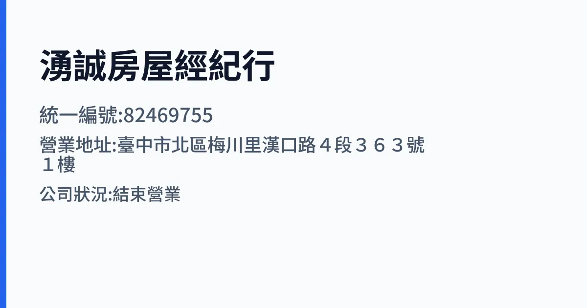 湧誠房屋經紀行 - 統編 82469755(臺中市) 公司登記資料與營業項目詳細圖表