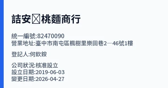 詰安夀桃麵商行的照片-統編 82470090(臺中市) 公司登記資料與營業項目詳細圖表