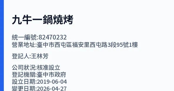 九牛一鍋燒烤的照片-統編 82470232(臺中市) 公司登記資料與營業項目詳細圖表