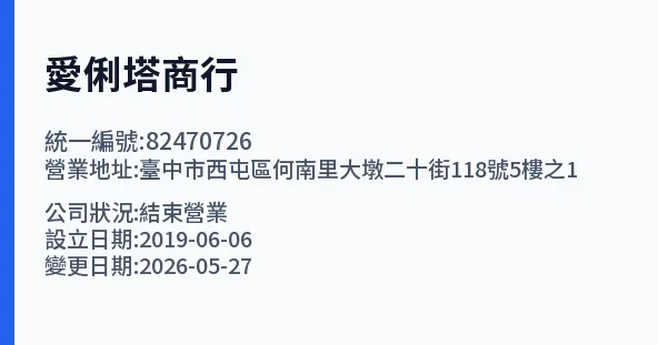 愛俐塔商行的照片-統編 82470726(臺中市) 公司登記資料與營業項目詳細圖表