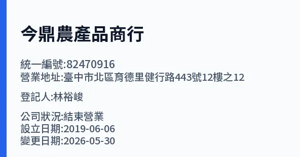 今鼎農產品商行的照片-統編 82470916(臺中市) 公司登記資料與營業項目詳細圖表