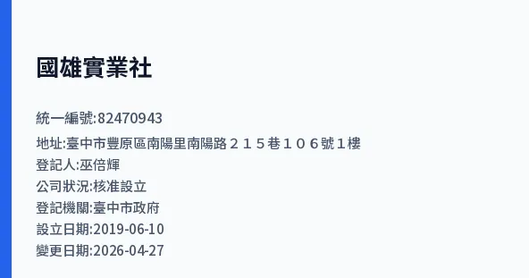 國雄實業社的照片-統編 82470943(臺中市) 公司登記資料與營業項目詳細圖表