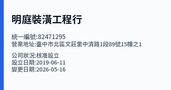 明庭裝潢工程行的照片-統編 82471295(臺中市) 公司登記資料與營業項目詳細圖表